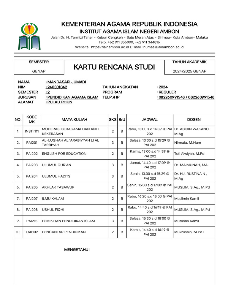 Kartu Rencana Studi Mandasari Jumadi | PDF