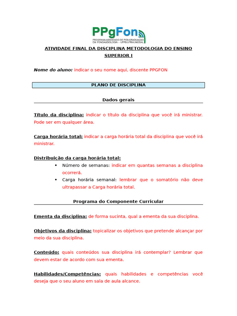 Plano de Disciplina Modelo ATIVIDADE FINAL | PDF