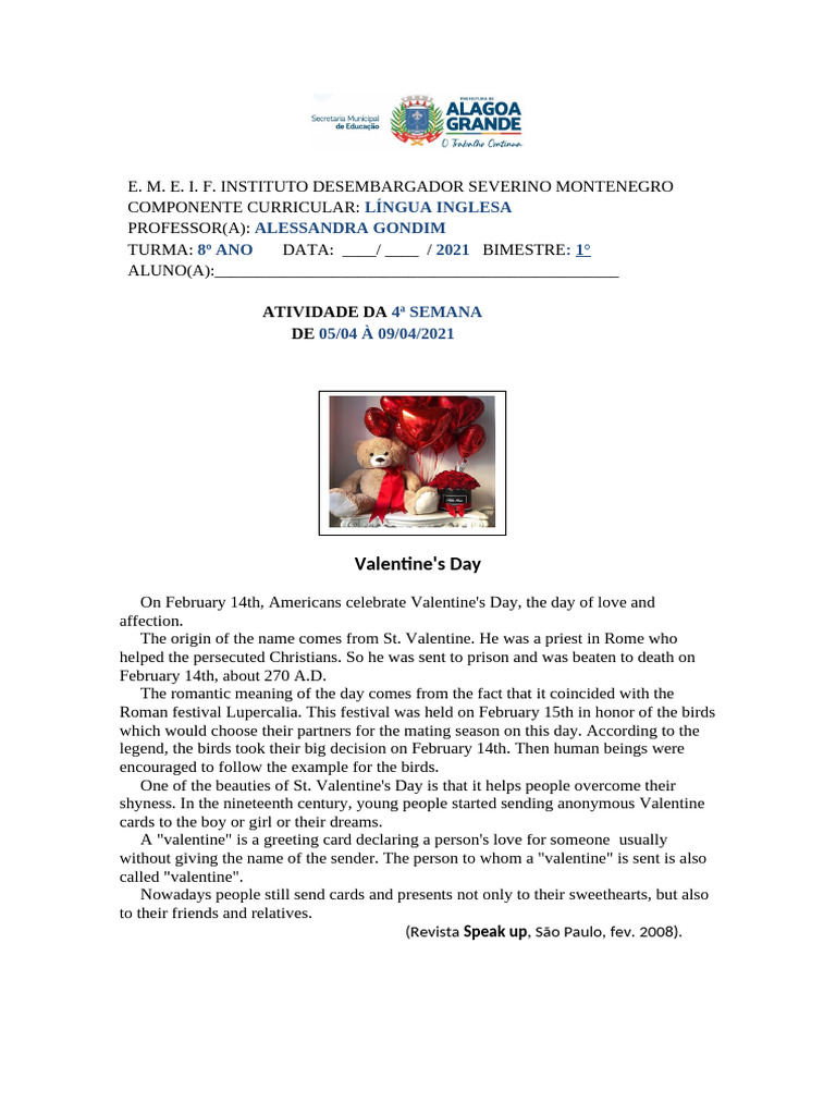 8º Ano - 4 Semana - Present Continuous Tense - Valentine's Day - Idsm ...