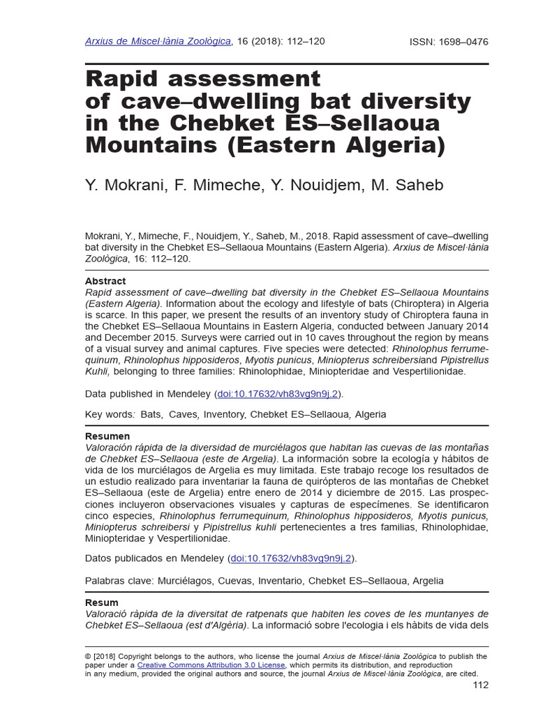Rapid Assessment of Cave-Dwelling Bat Diversity in The Chebket ES ...