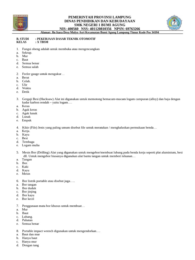 Soal Pekerjaan Dasar X TSM 2022 | PDF