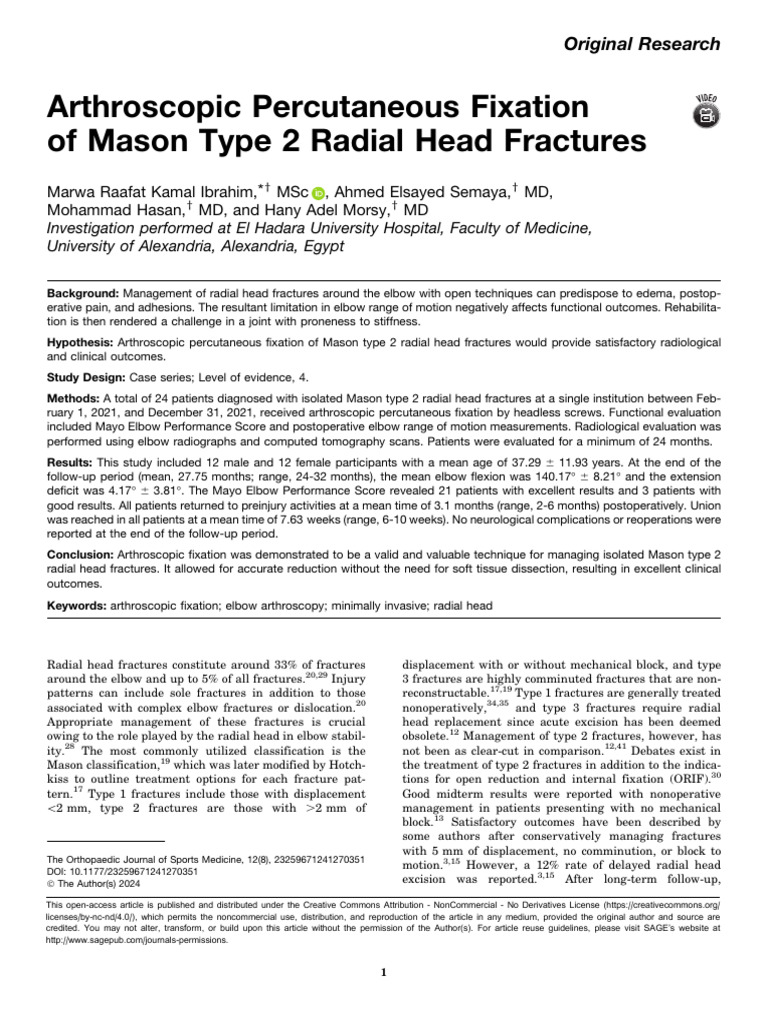 Arthroscopic Percutaneous Fixation of Mason Type 2 Radial Head ...