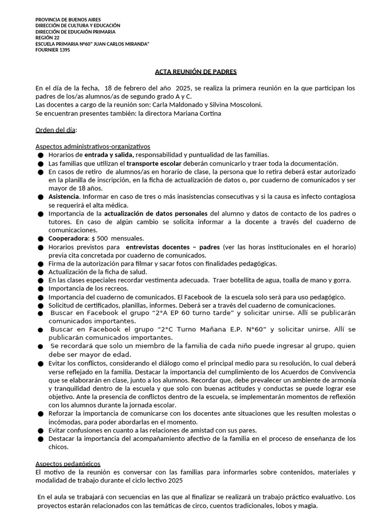 Acta Reunión de Padres - Escuela 60 | PDF | Enseñando | Conocimiento
