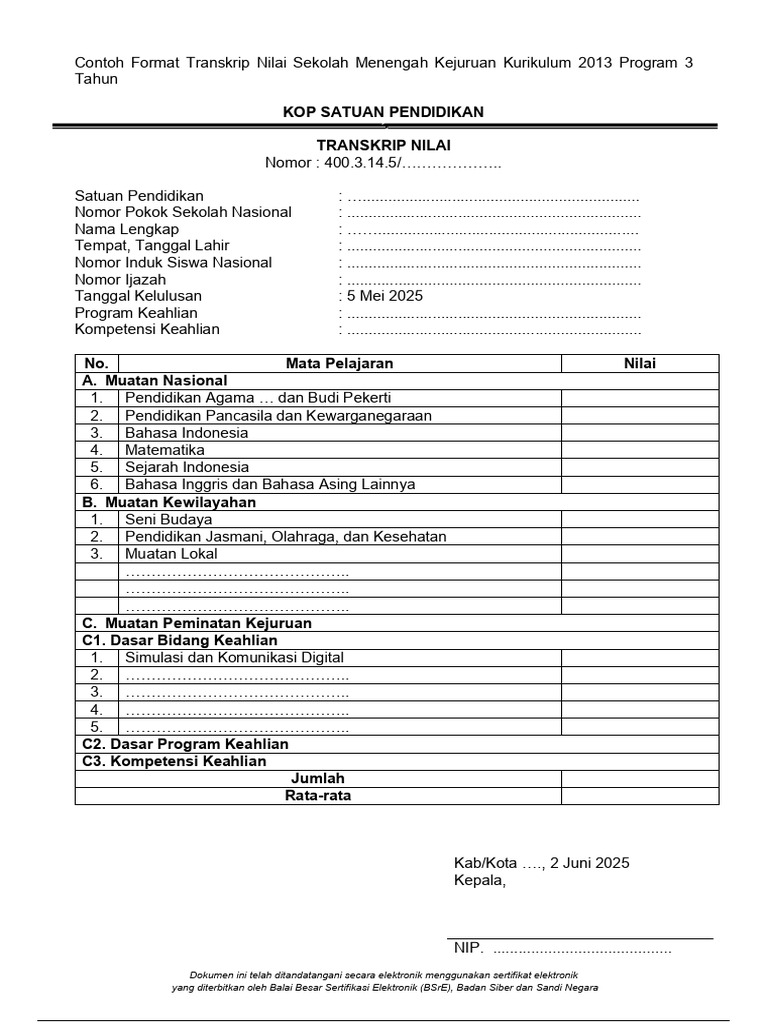 FORM TRANSKRIP NILAI E-Ijazah | PDF
