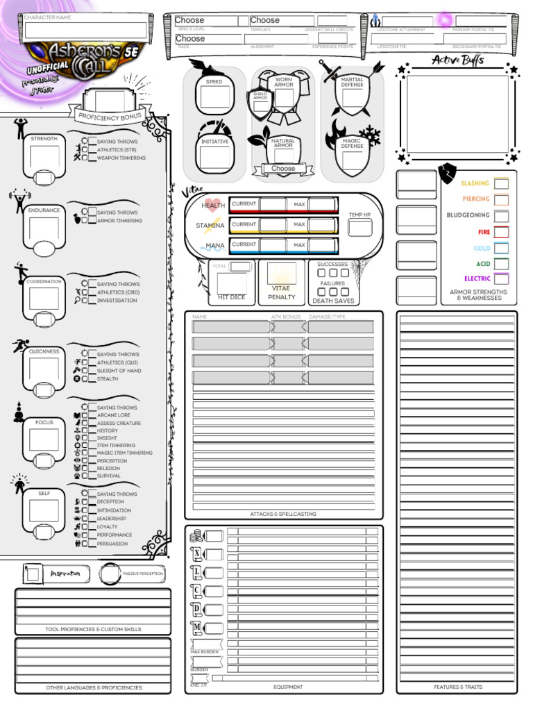Asheron’s Call 5e Character Sheet Fillable Form | PDF | Role Playing ...