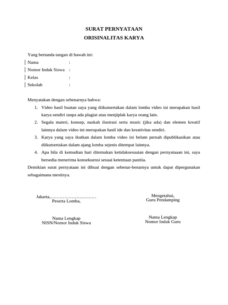 SURAT PERNYATAAN Orisinalitas Karya | PDF