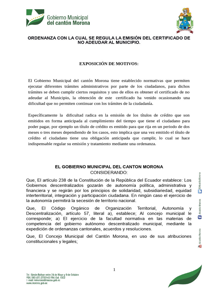 19 Ordenanza Con La Cual Se Regula La Emisión Del Certificado de No Adeudar Al Municipio. | PDF ...