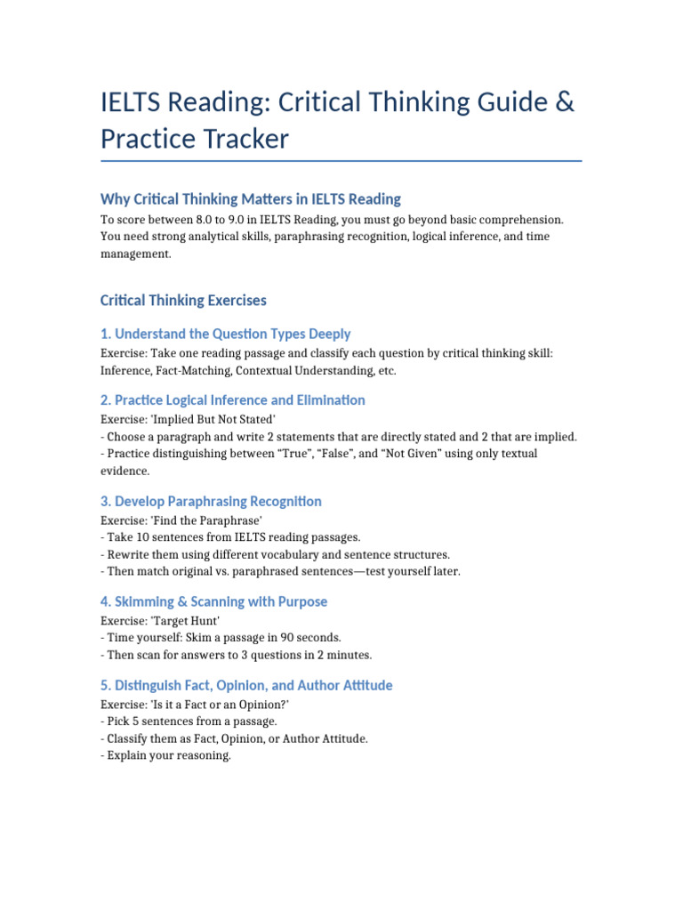 IELTS Reading Critical Thinking Guide | PDF | Critical Thinking ...