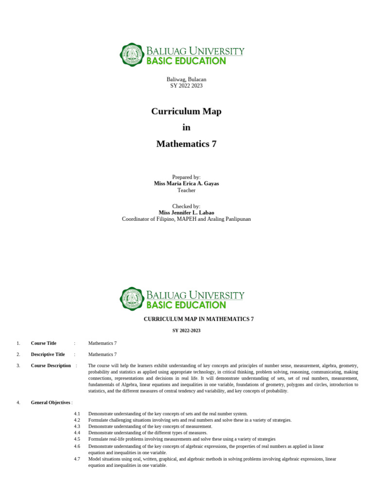 MATH 7 Syllabus - Curriculum Map 2022-2023 | PDF | Polynomial | Equations