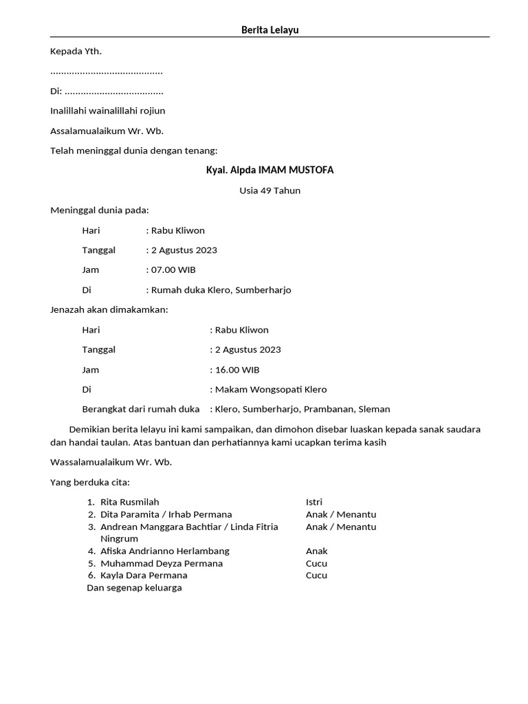 Berita Duka: Meninggalnya Kyai Imam Mustofa | PDF