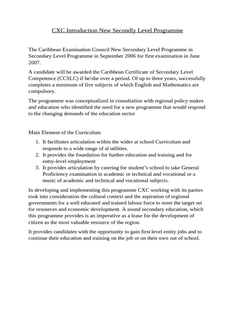 CXC Introduction New Secondly Level Programme | PDF