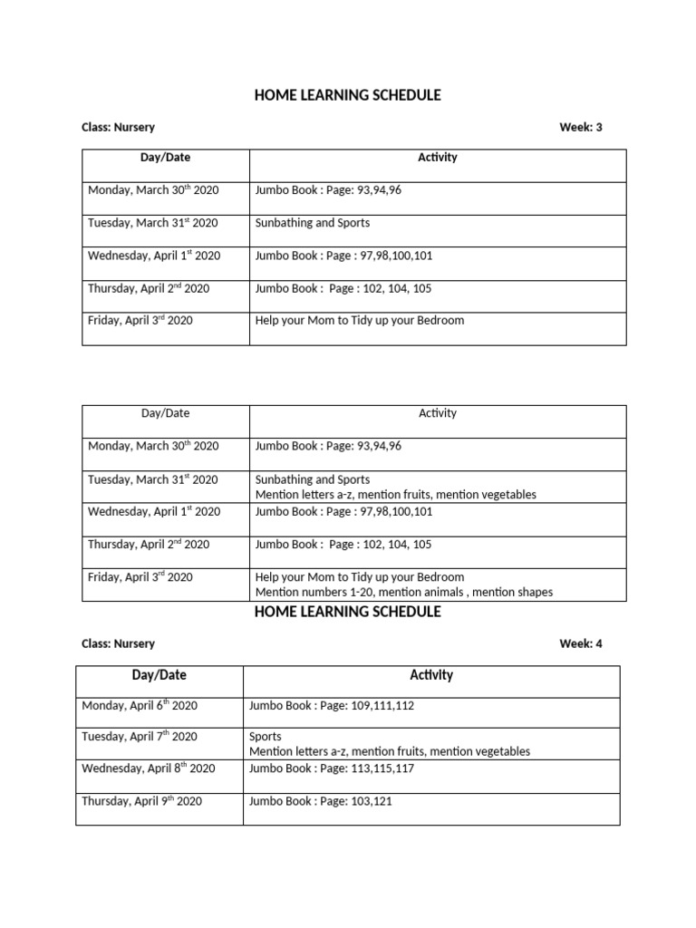 Home Learning Schedule Week 3-7 | PDF