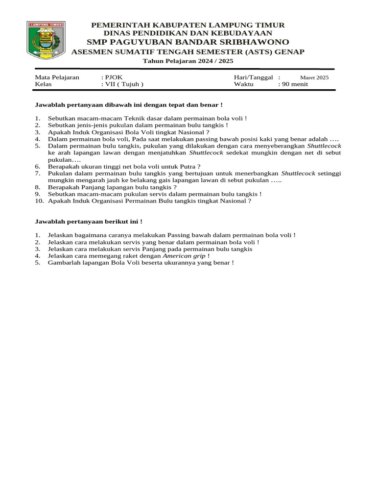 Soal Asts Pjok Kelas 7 Semester Genap 2024-2025 Dedi | PDF
