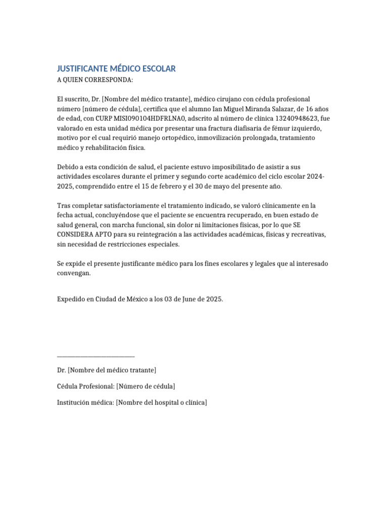 Justificante Médico Escolar para Ian Miranda | PDF
