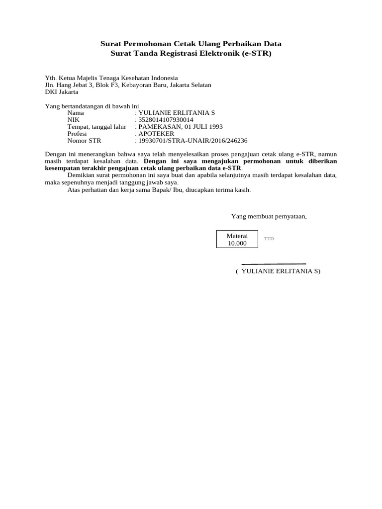 Format Template Surat Permohonan Cetak Ulang Perbaikan Data STR | PDF