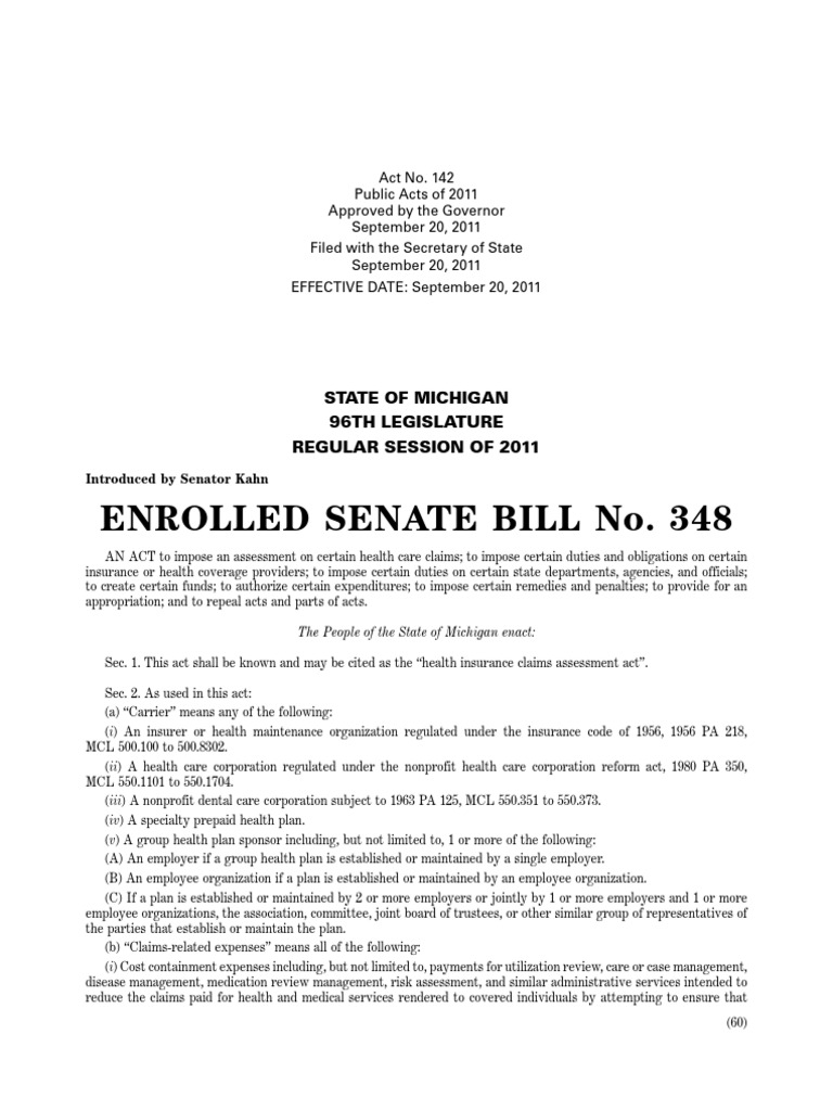 Michigan Health Insurance Claims Assessment Act of 2011 | PDF ...