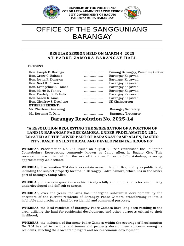 Barangay Resolution No. 2025-014_Proclamation 254 | PDF