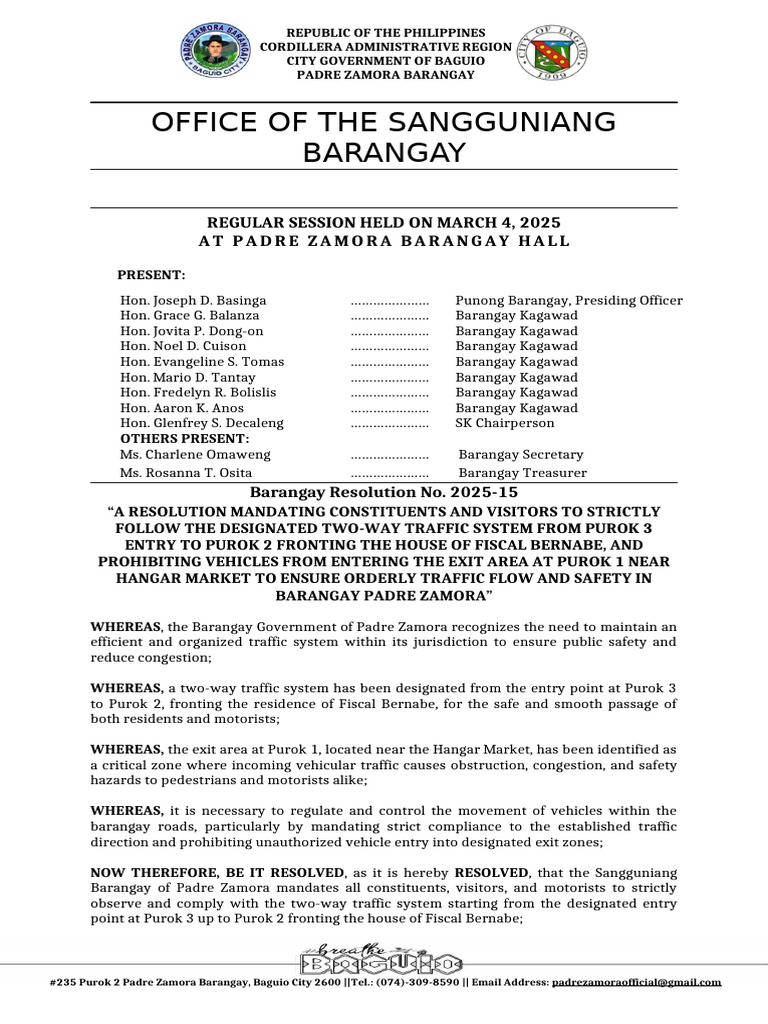 Barangay Resolution No. 2025-015 - Two-Way Entry System | PDF | Traffic ...