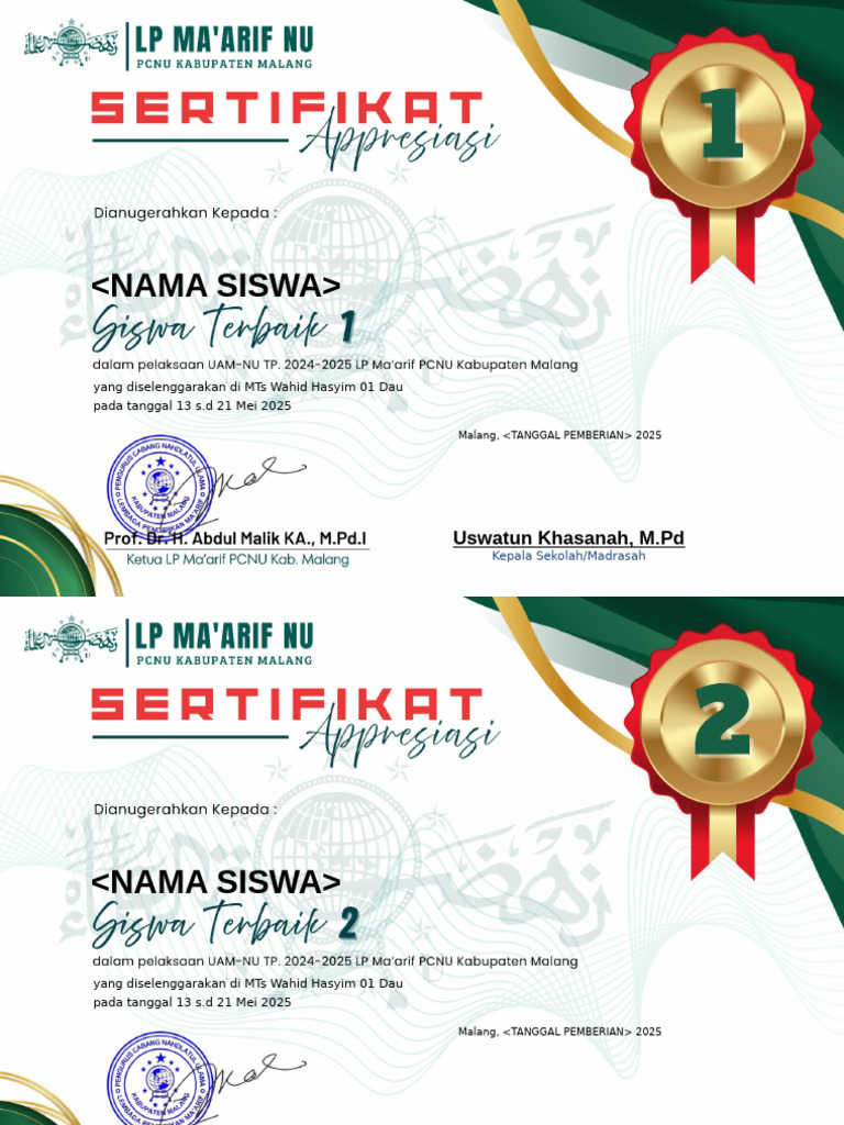 Templete Sertifikat Siswa Terbaik | PDF