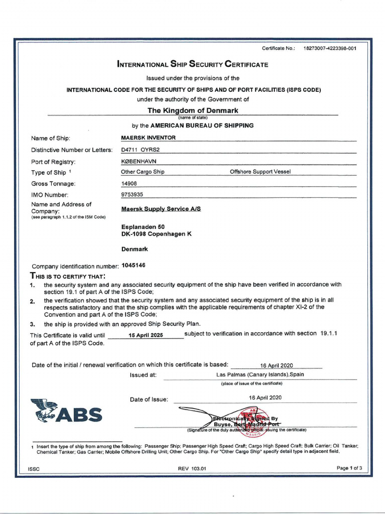 13. International Ship Security Certificate - Maersk Inventor | PDF