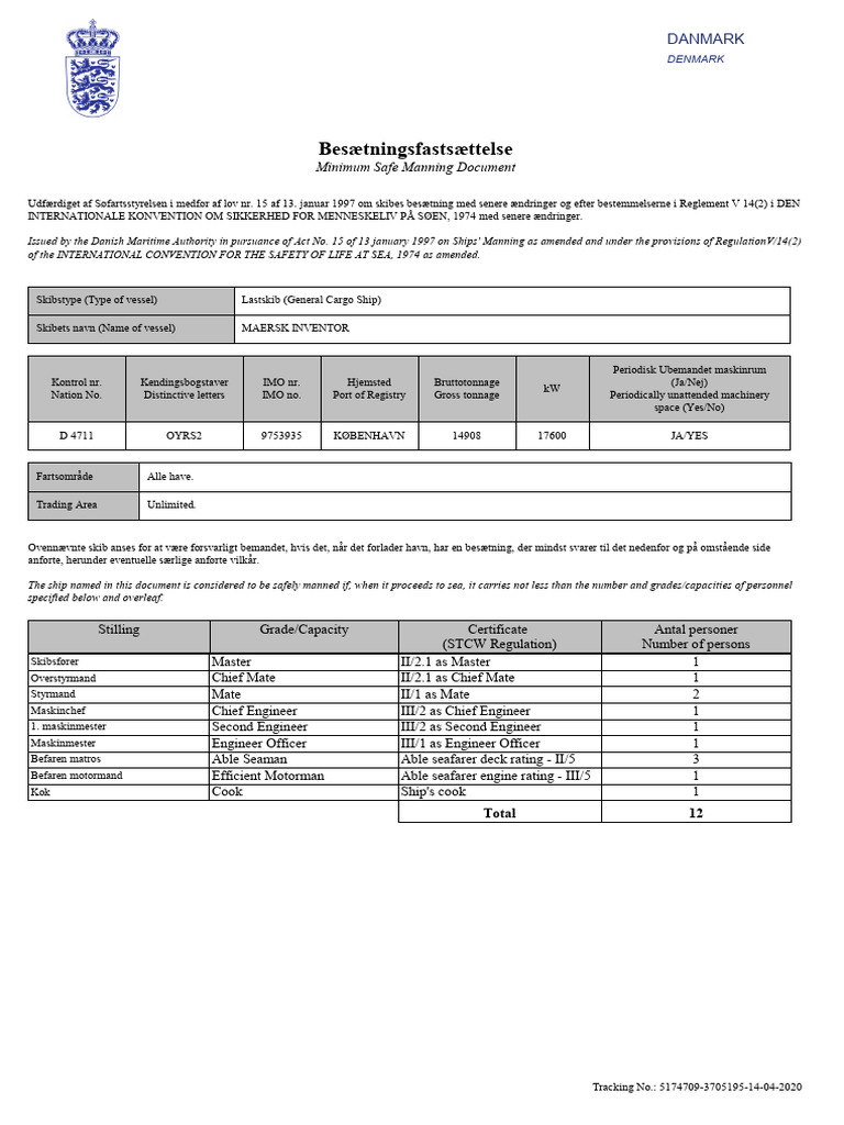 Minimum Safe Manning Document - Maersk Inventor | PDF