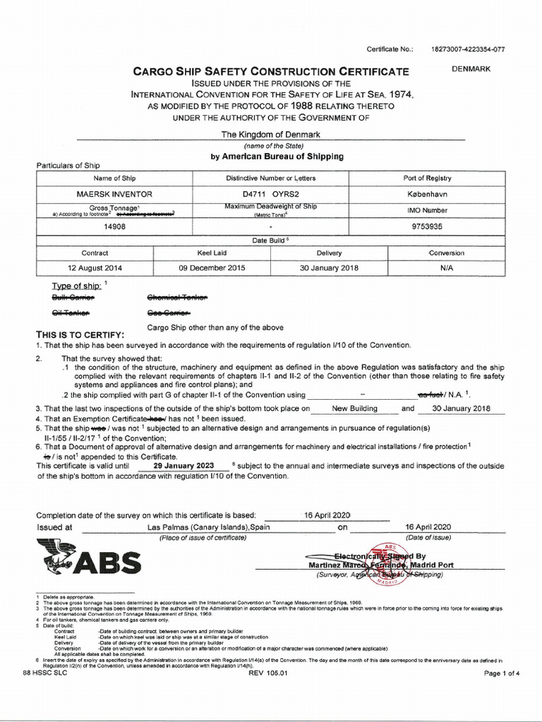 Cargo Ship Safety Construction Certificate - Maersk Inventor | PDF