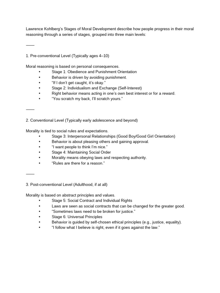 Lawrence Kohlberg's Stages of Moral Development Describe How People Progress in Their Moral ...