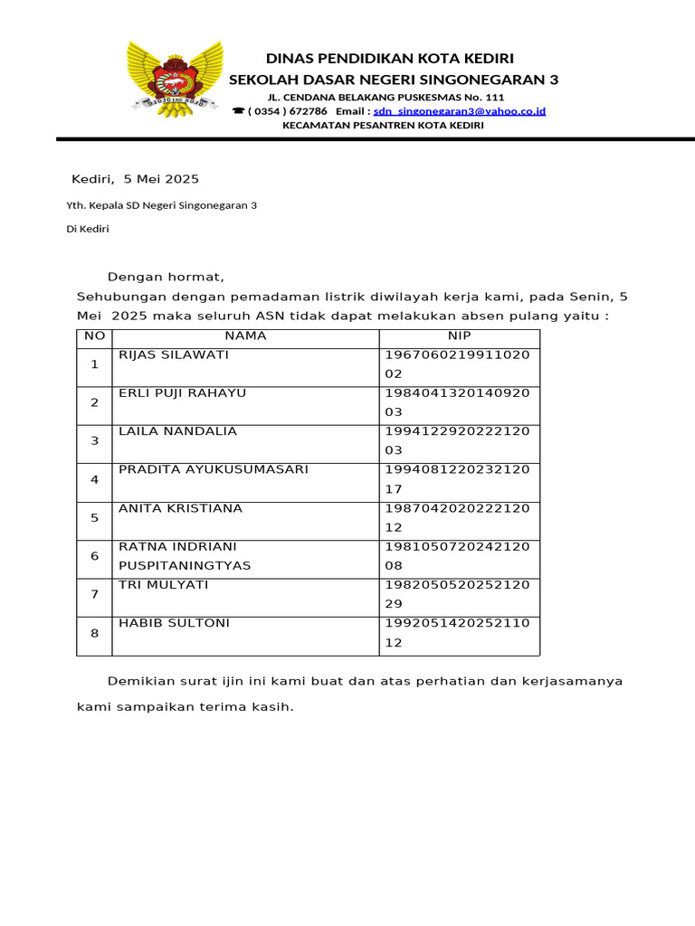 Surat Keterangan Listrik Padam 25-11 | PDF