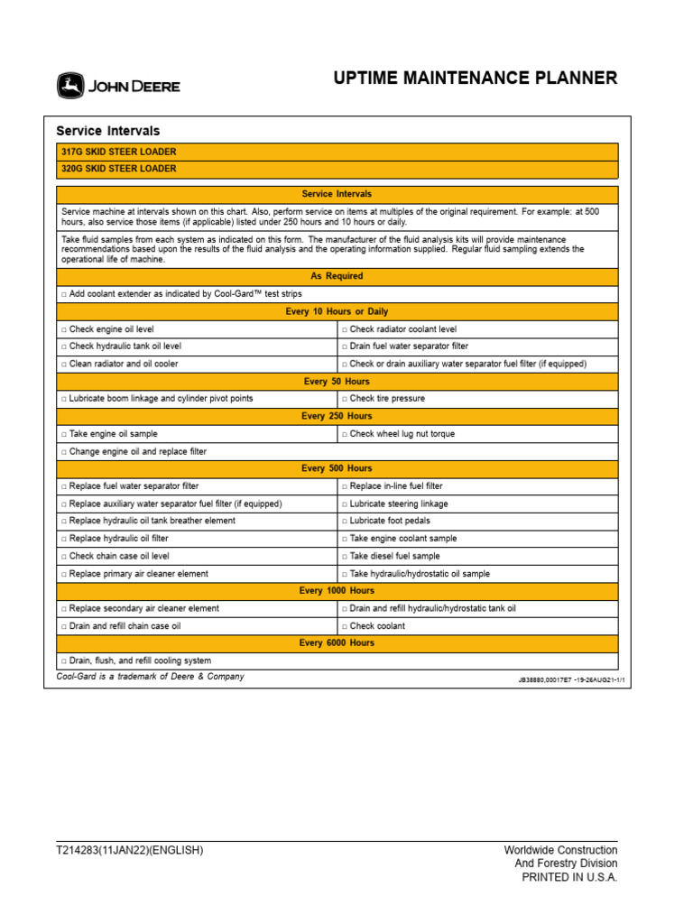 John Deere Skid Steer Service Guide | PDF | Motor Oil | Mechanical ...