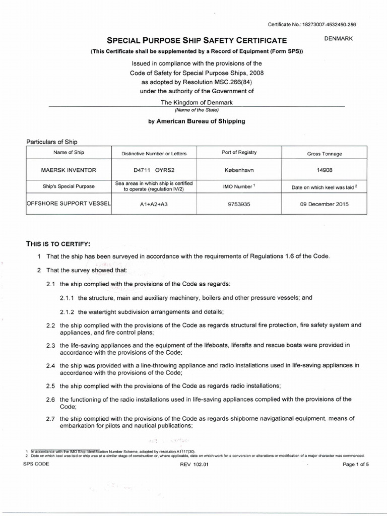 Special Purpose Ship Safety Certificate - Maersk Inventor | PDF