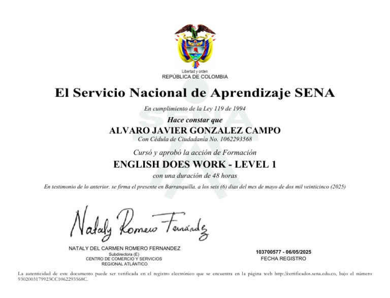 El Servicio Nacional de Aprendizaje SENA: English Does Work - Level 1 | PDF