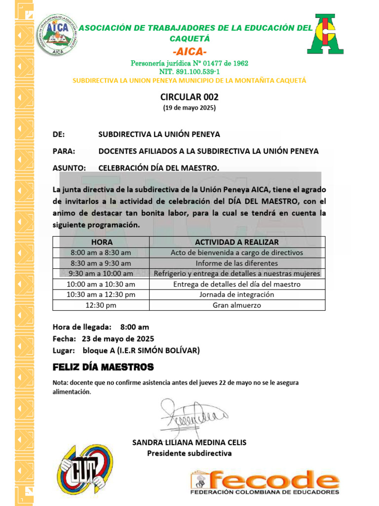 Circular 002 Celebracion Dia Del Maestro | PDF