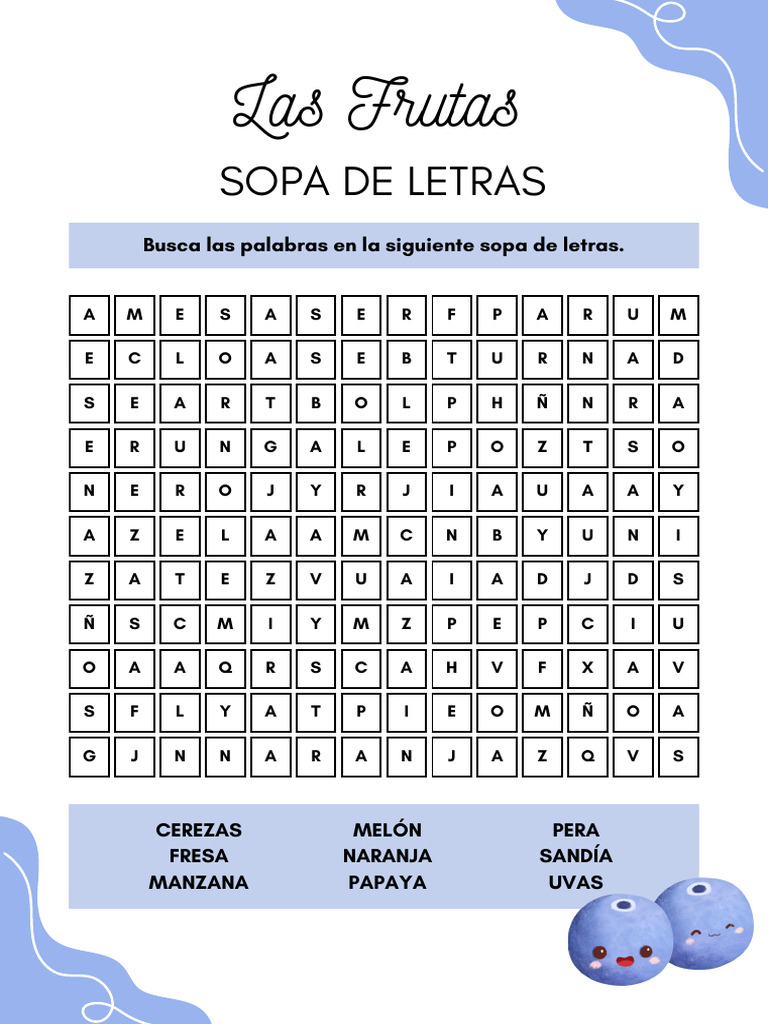 Las Frutas Sopa de Letras Ficha de Ejercicios Azul Ilustrativo | PDF