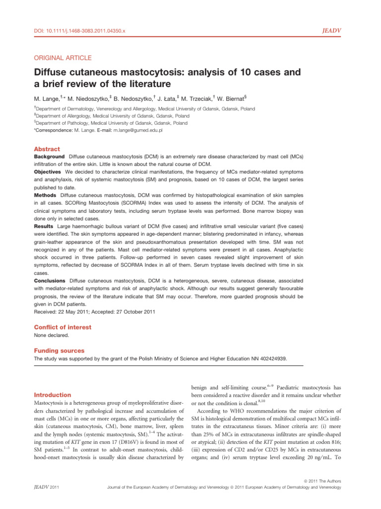 Diffuse Cutaneous Mastocytosis Analysis of 10 Cases and A Brief Review ...