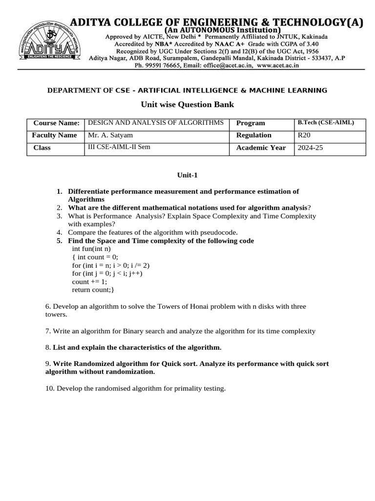 DAA Unitwise Question Bank | PDF | Algorithms | Computer Programming