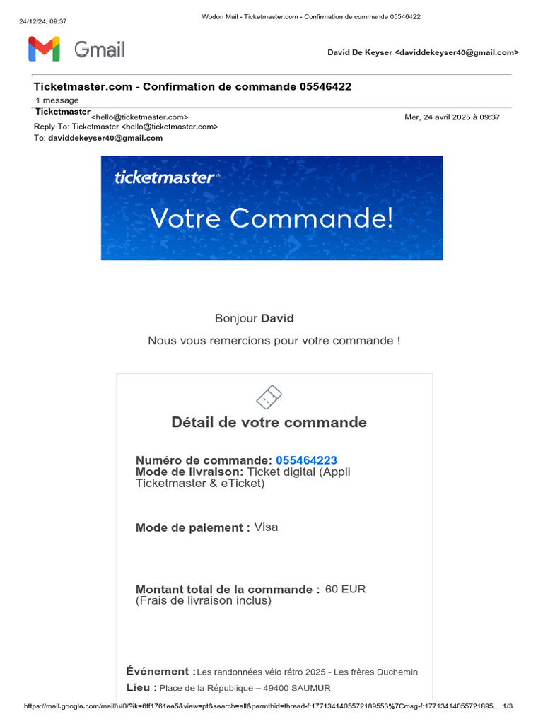Confirmation de commande Ticketmaster | PDF | Services en ligne ...