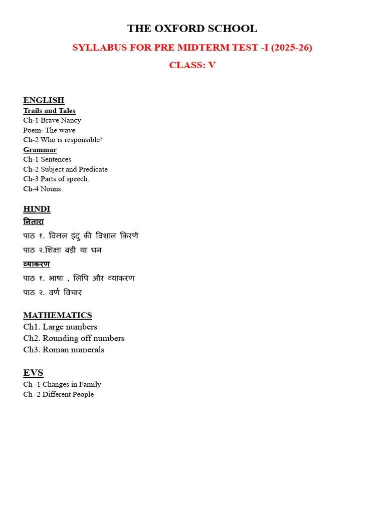 Pre Midterm Syllabus For Class V | PDF