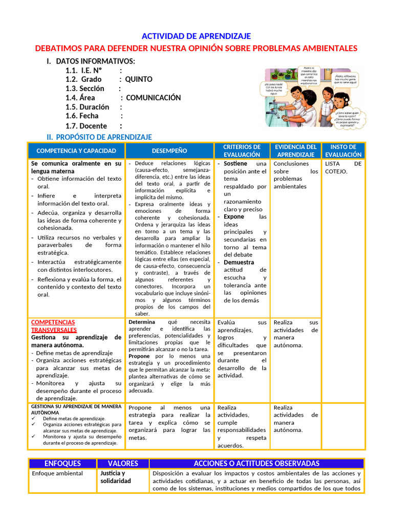 D1 A1 Sesion Com. Debatimos para Defender Nuestra Opinión Sobre Problemas Ambientales | PDF ...