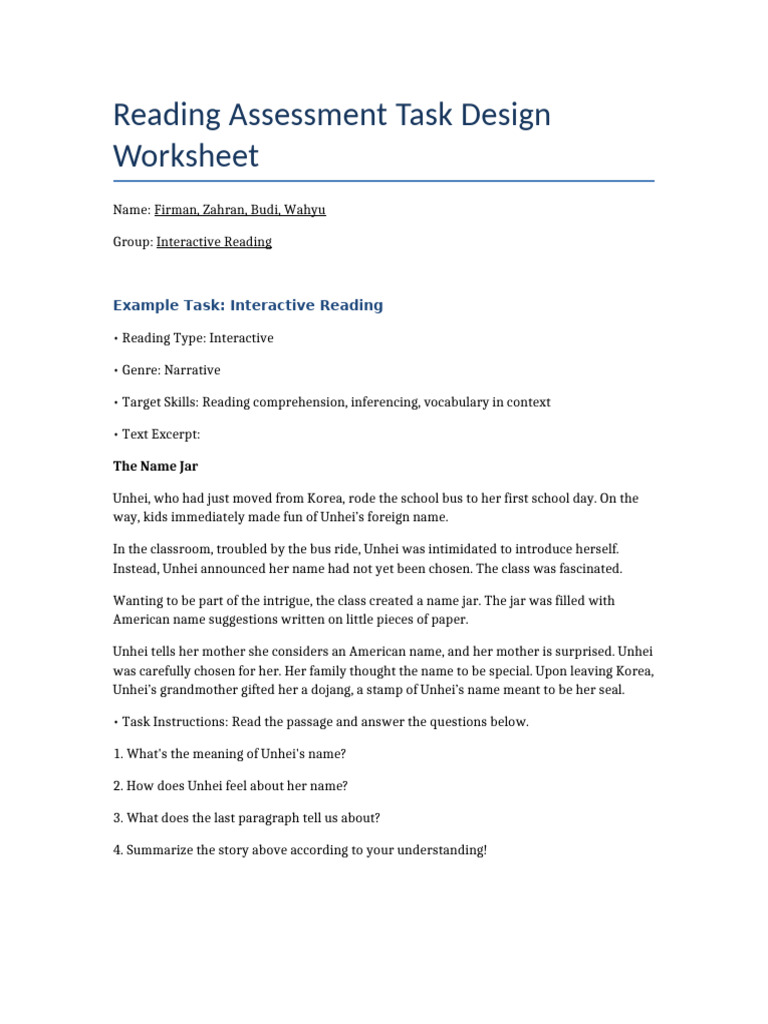 Interactive Reading Assessment Worksheet | PDF | Reading Comprehension ...