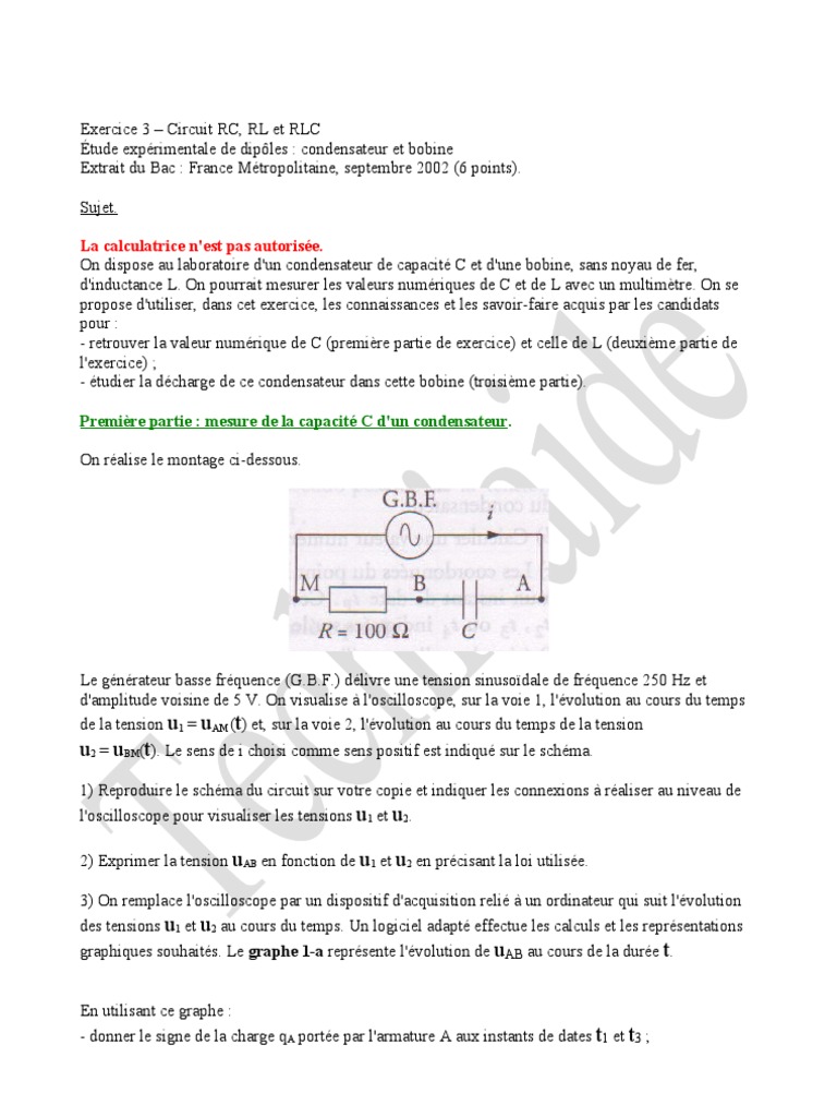 328 Exercice 3 Circuits RC RL RLC Doc Word | PDF | Condensateur ...