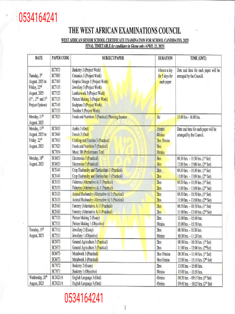Wassce ( (SC) ) 2025 Timetable | PDF