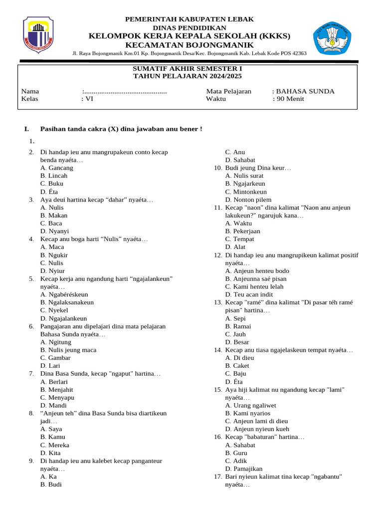 Soal Pas Bahasa Sunda Kelas 6 | PDF