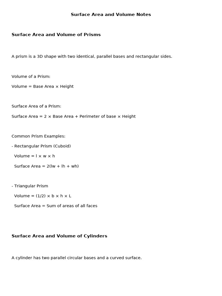 Surface Area Volume Notes | PDF