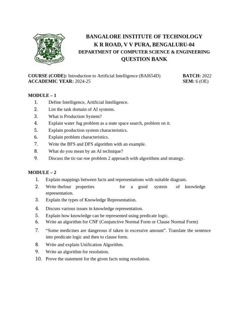 Ai Question Bank Module1 2 (Updated) | PDF