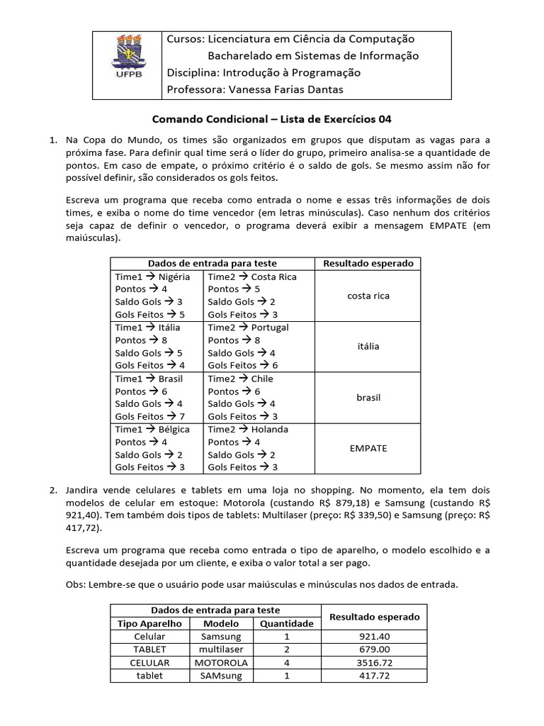 Comando Condicional - Lista de Exerc-Cios 04 (Nova) | PDF
