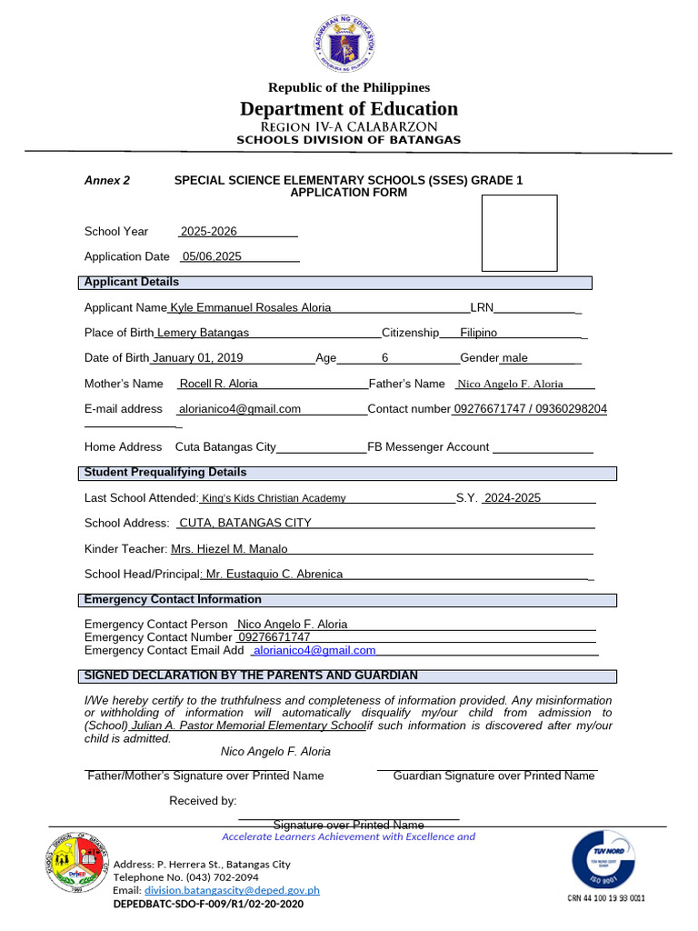 Grade 1 Application Form for SSES | PDF