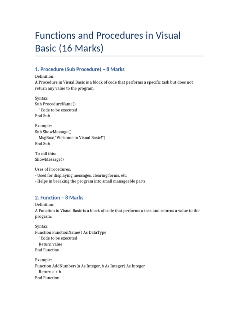 Functions Procedures VB 16marks | PDF