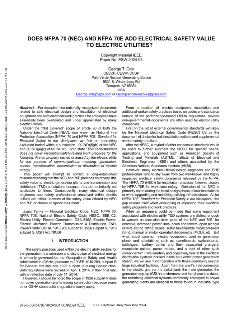Does NFPA 70 NEC and NFPA 70E Add Electrical Safety Value To Electric ...