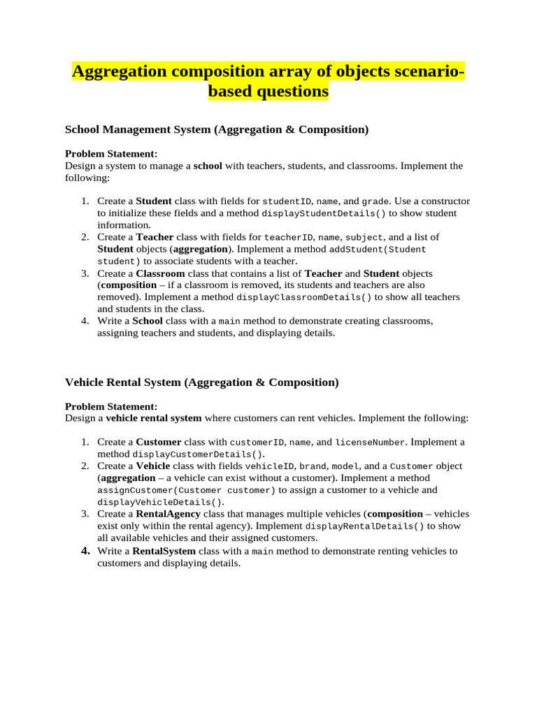 Aggregation Composition Array of Objects Scenario Based Questions | PDF ...