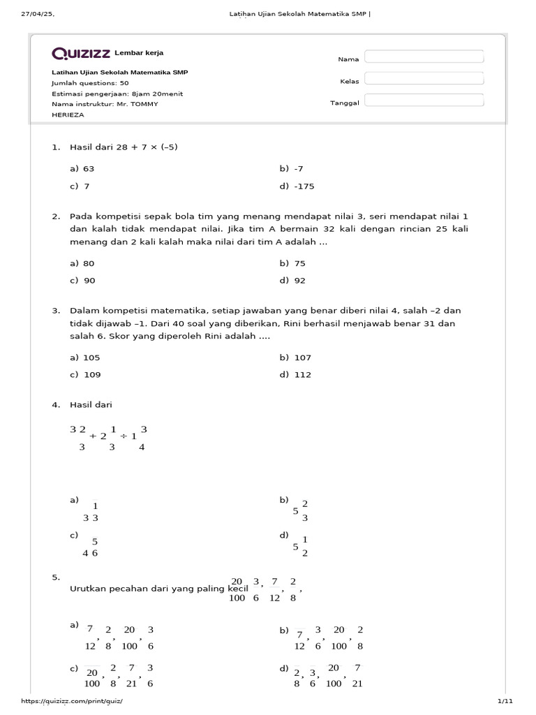 Latihan Ujian Sekolah Matematika SMP _ Quizizz | PDF